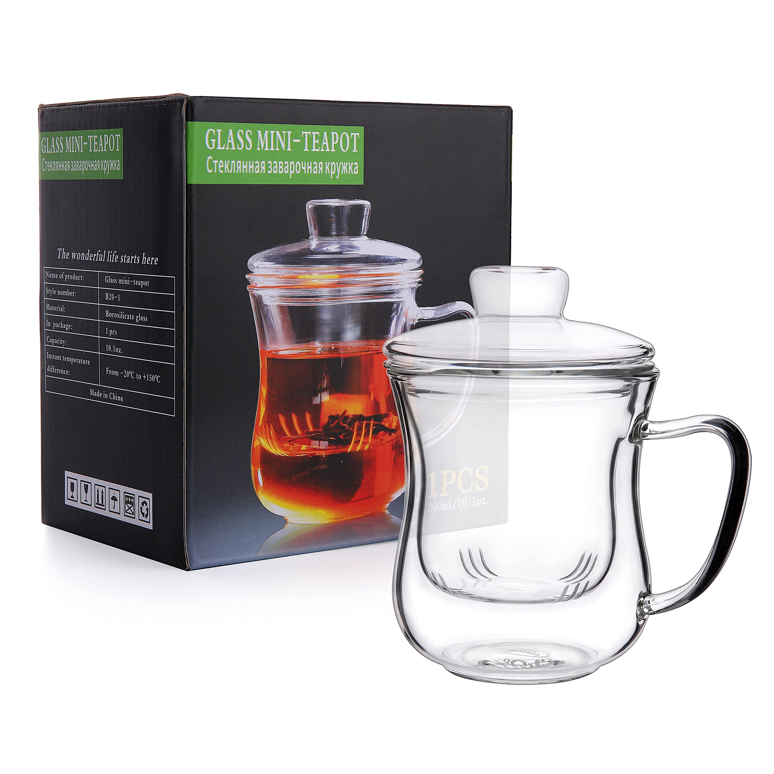 CNGLASS Glass Tea Cup with Removable Infuser and Lid,10oz Thickened Glass Tea Mug,Clear Filtrating Tea Maker for Loose Leaf Tea,Teabags