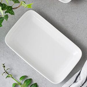 Sweese 8 Inch Rectangular Salad Plates, Porcelain Dessert Plates, Small White Serving Trays for Salad, Fruit, Sushi Appetizer and Parties - Stackable, Set of 6, White