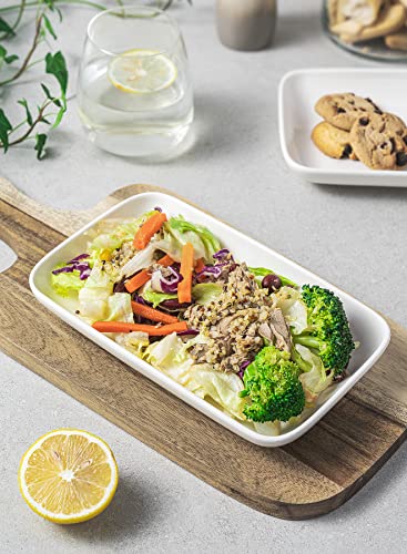 Sweese 8 Inch Rectangular Salad Plates, Porcelain Dessert Plates, Small White Serving Trays for Salad, Fruit, Sushi Appetizer and Parties - Stackable, Set of 6, White