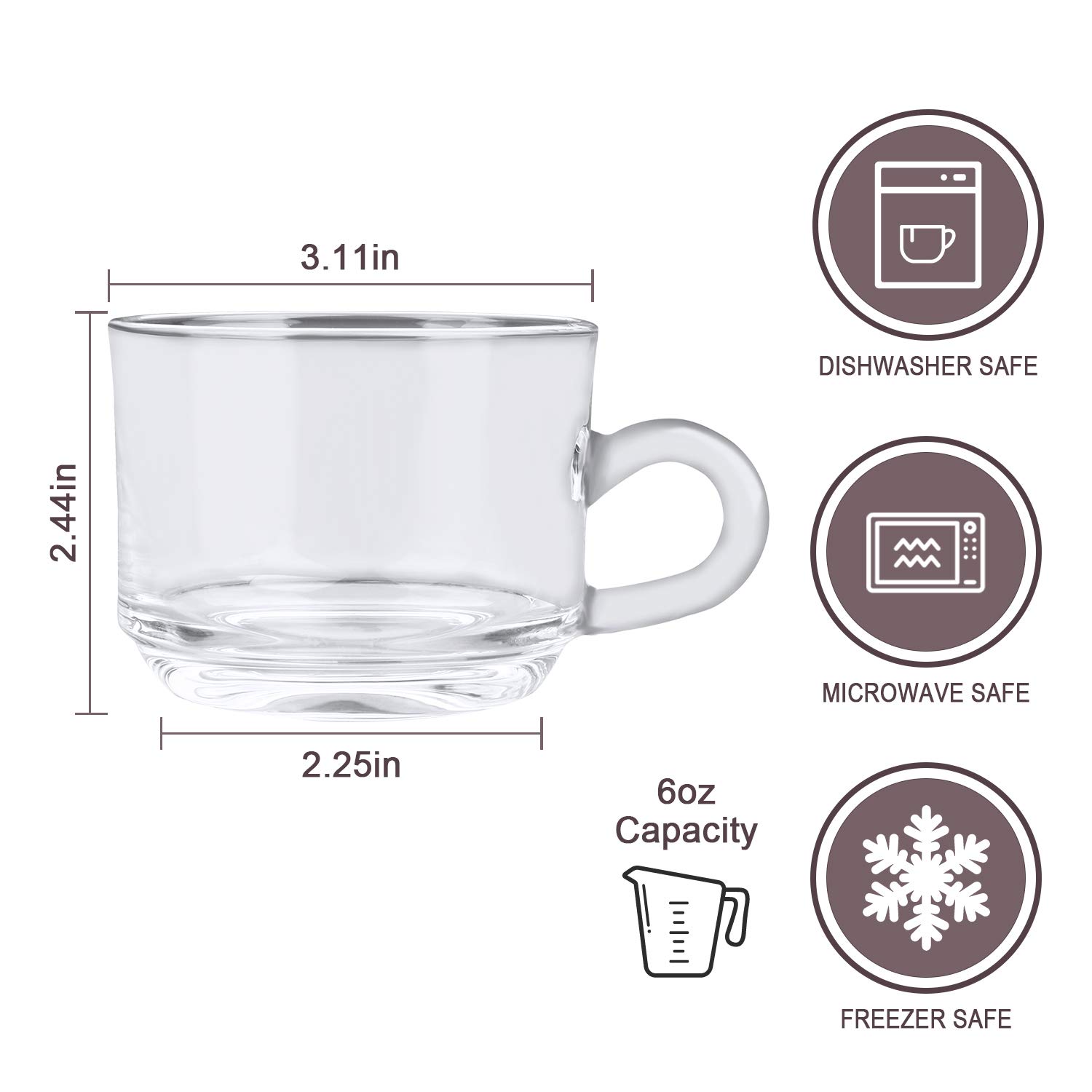 QAPPDA Clear Coffee Mug With Handle 6 oz, Glass Mugs With Handle,Warm Beverage Mugs,Glass Cups Tea Cups Latte Cups Cappuccino Mugs Set of 12 KTZB58