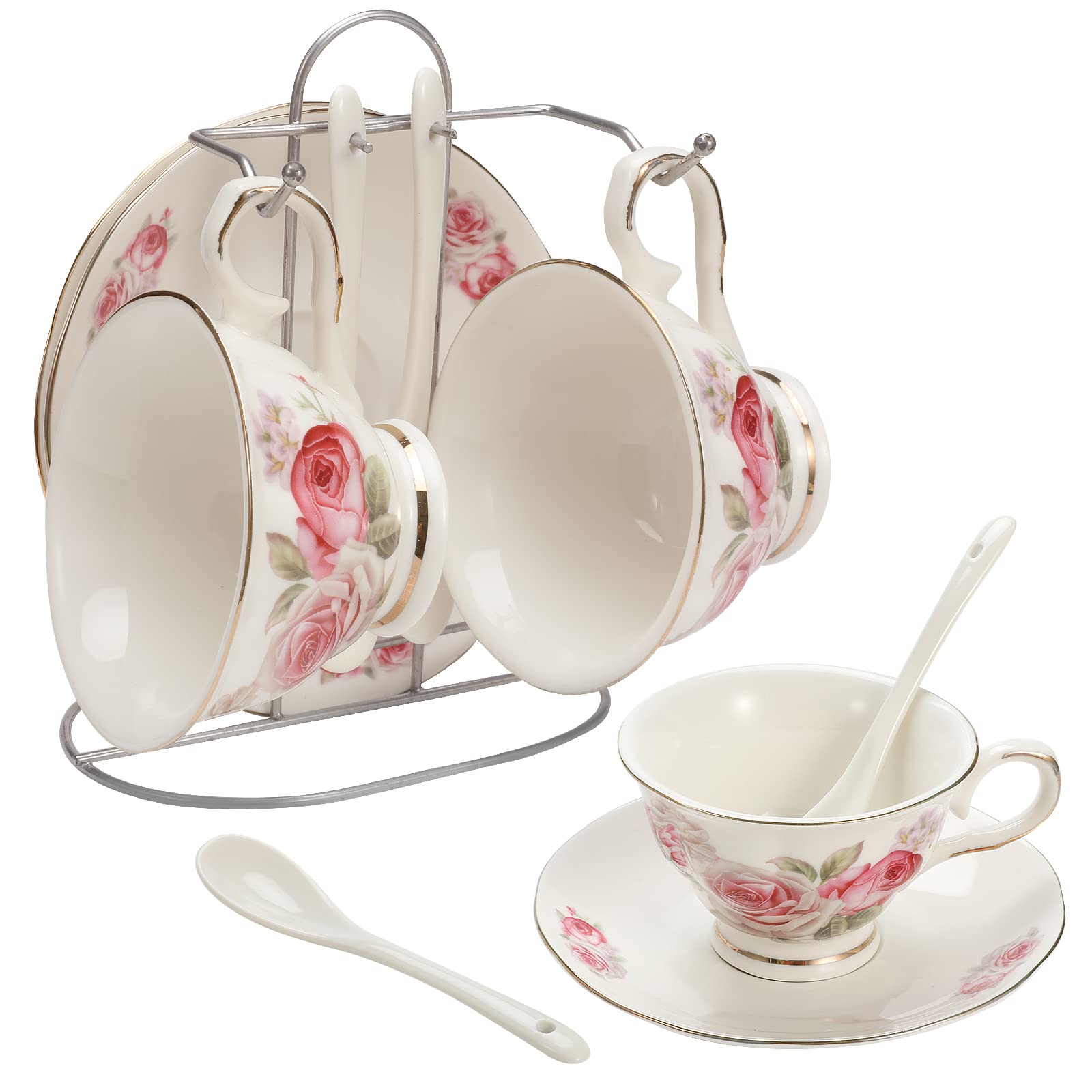 Viktorwan Porcelain Tea Cup and Saucer Coffee Cup Set with Saucer and Spoon, Set of 7 (2 Tea Cups, 2 Saucers, 2 Spoons, and 1 Bracket)