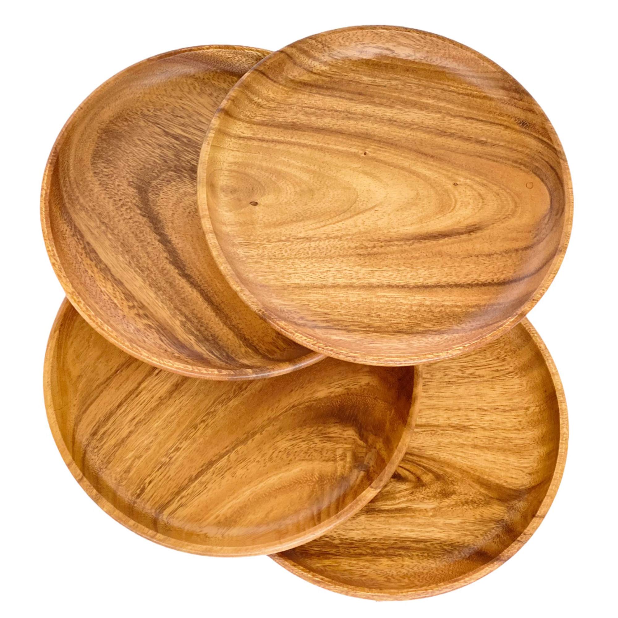 WRIGHTMART Wood Plate Set of 4, Natural Rustic Acacia Hardwood Platter, Handcrafted, Versatile Durable Sustainable Dinnerware, For Daily Use or as Picnic & Poolside Servers, 10" Round.