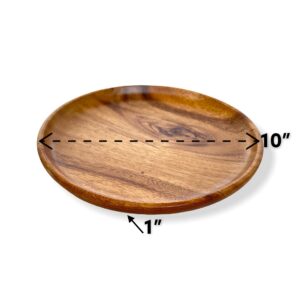 WRIGHTMART Wood Plate Set of 4, Natural Rustic Acacia Hardwood Platter, Handcrafted, Versatile Durable Sustainable Dinnerware, For Daily Use or as Picnic & Poolside Servers, 10" Round.