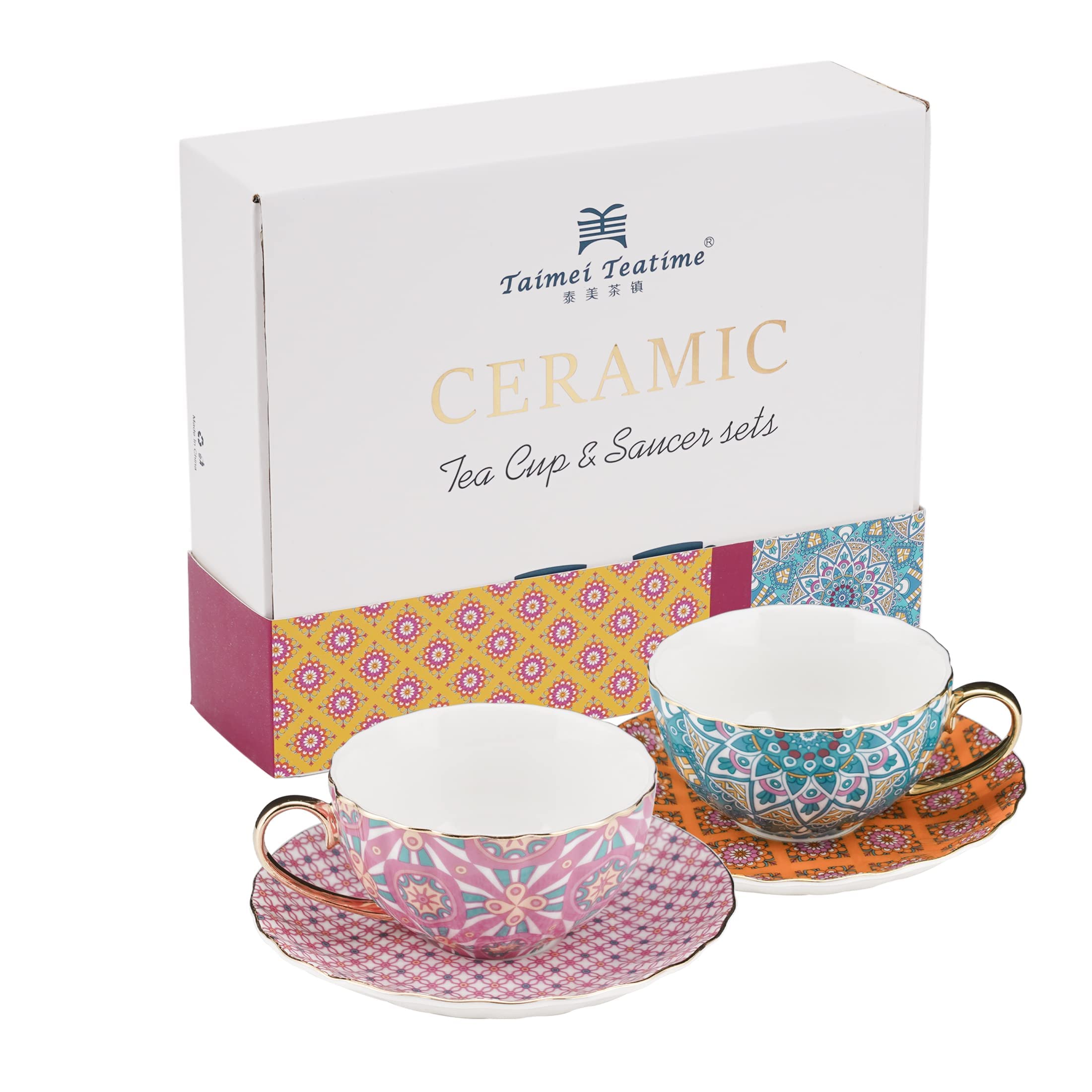 Taimei Teatime Porcelain Tea Cups and Saucers Set of 2, 6 oz Bohemia Style Coffee Cup with Saucer with Gold Trim in Gift Box, Coffee Mug for Latte, Cappuccino and Tea, Gift for Women