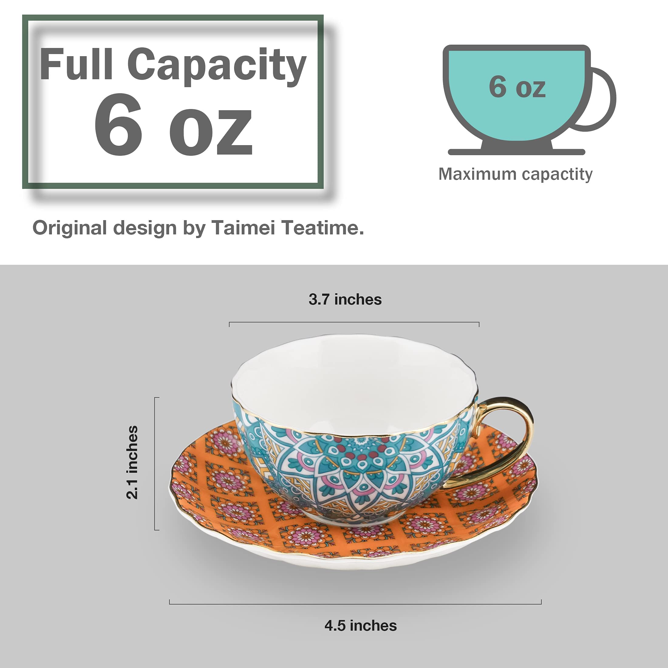 Taimei Teatime Porcelain Tea Cups and Saucers Set of 2, 6 oz Bohemia Style Coffee Cup with Saucer with Gold Trim in Gift Box, Coffee Mug for Latte, Cappuccino and Tea, Gift for Women