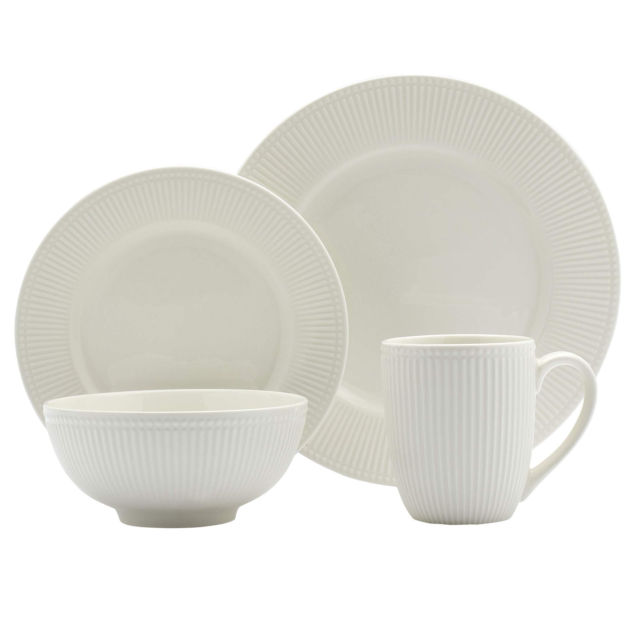 Tabletops Gallery Embossed Bone White Porcelain Round Dinnerware Collection- Chip Resistant Scratch Resistant, Fleur 16 Piece Dinnerware Set (Dinner Plate, Salad Plate, Cereal Bowl, Mug)