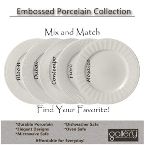 Tabletops Gallery Embossed Bone White Porcelain Round Dinnerware Collection- Chip Resistant Scratch Resistant, Fleur 16 Piece Dinnerware Set (Dinner Plate, Salad Plate, Cereal Bowl, Mug)