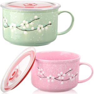 seewey 2 pcs floral ceramic bowl with lid and handle 30 oz soup bowls heat preservation instant noodles mug soup cup microwavable bowls for ramen noodle cereal travel