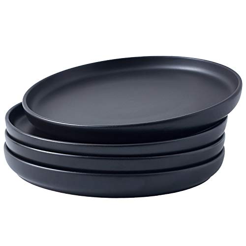 Bruntmor 11 Inch Ceramic Plate Set of 4, Round Ceramic Pasta Salad Plate for Dinner, Dinnerware Plates for Christmas Gift, Plates Set for 4, Dishwasher and Oven Safe, Black