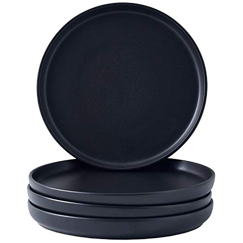 Bruntmor 11 Inch Ceramic Plate Set of 4, Round Ceramic Pasta Salad Plate for Dinner, Dinnerware Plates for Christmas Gift, Plates Set for 4, Dishwasher and Oven Safe, Black