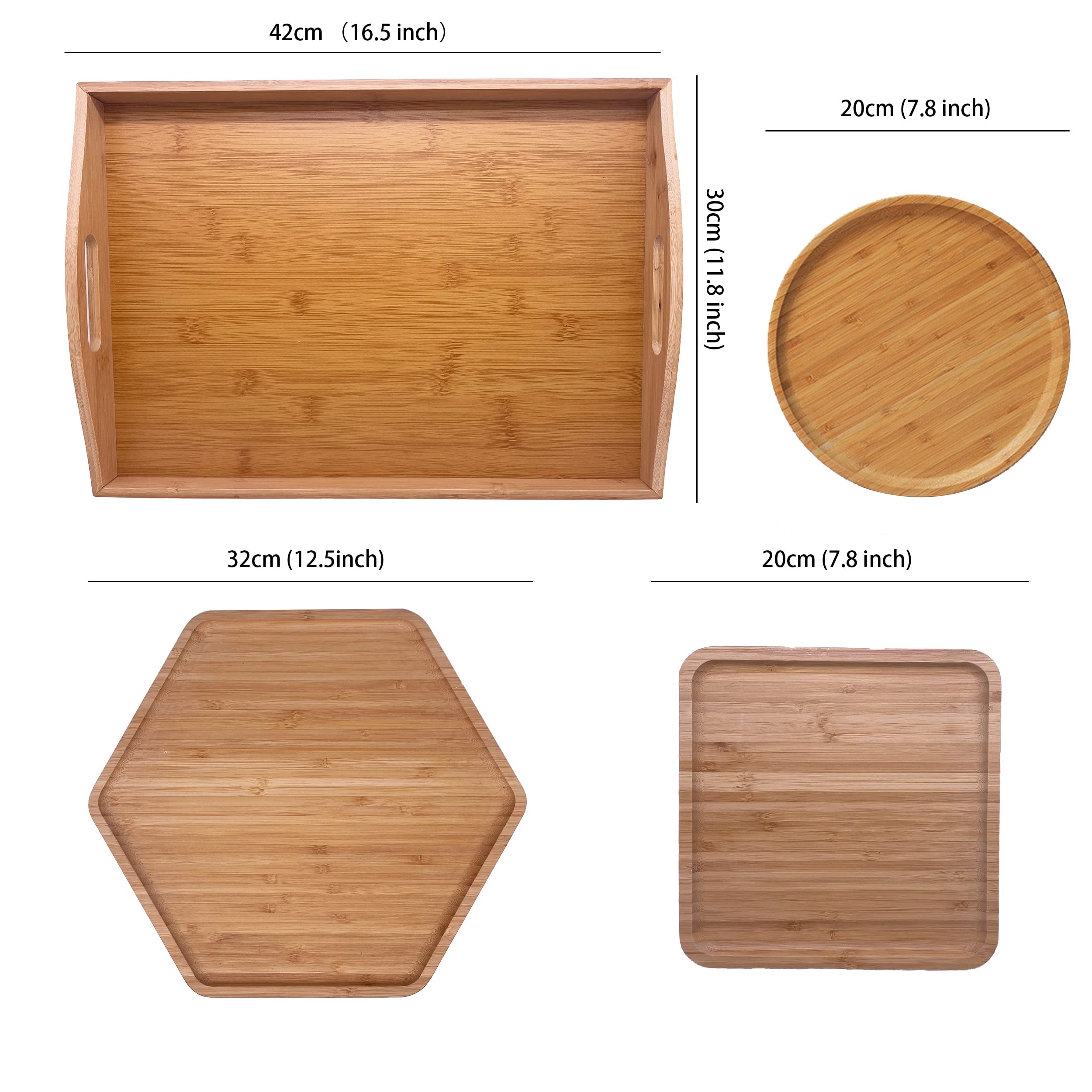 PAFREWOG Bamboo Serving Trays Cutting Boards 16.5"x11.8"（42x30cm with Handle, Set Includes 0.63"(1.6cm) Thick Plates Hexagon 12.5"(32cm)+Square 7.8"(20cm)+Circle 7.8"(20cm) for Family Dinner Time