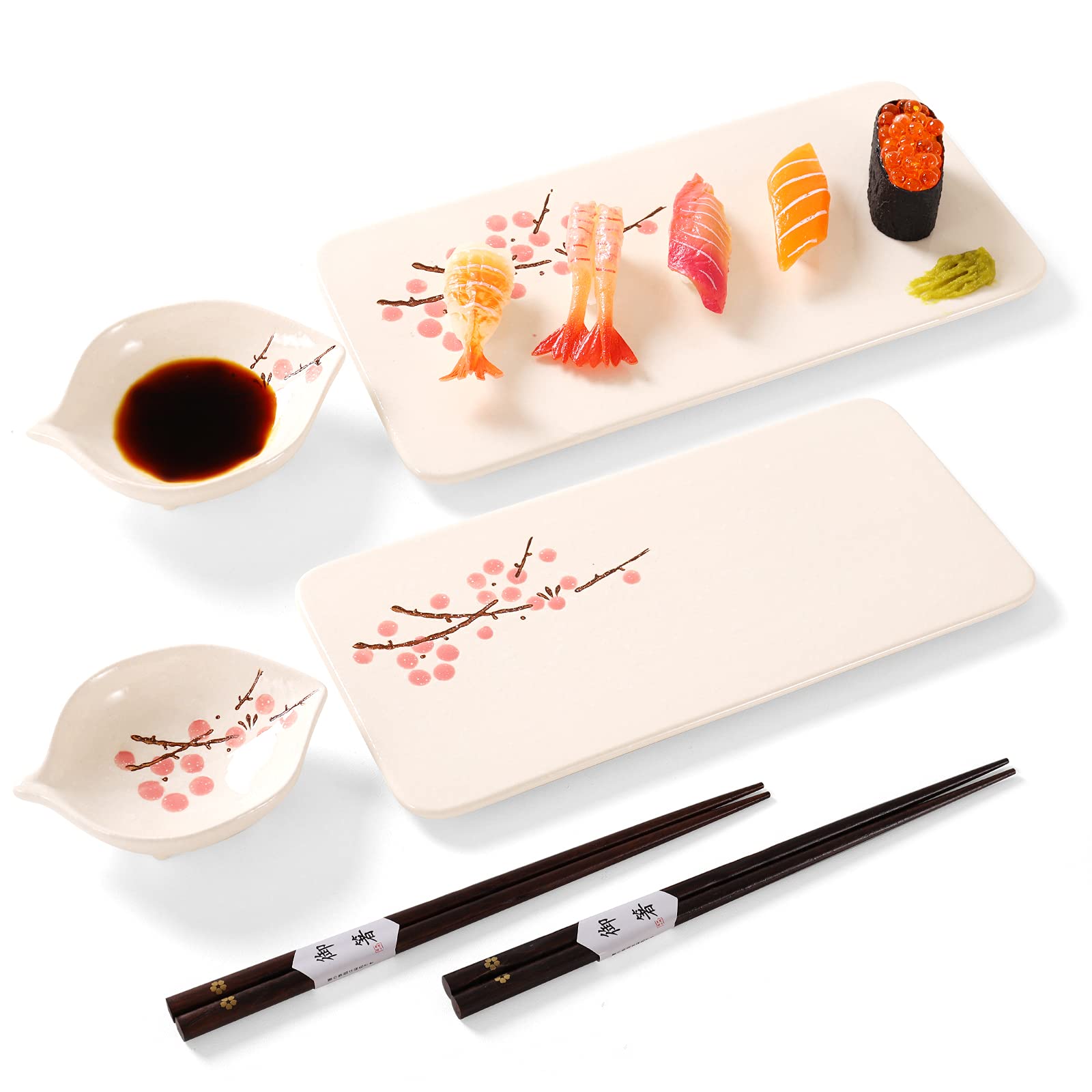 Relaxing Garden Japanese sushi plate set, 10-inch rectangle ceramic sushi dishes, sushi set with 2 japanese dishes and 2 dipping dishes and 2 pairs of chopsticks, sushi serving set for 2