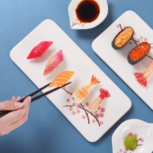 Relaxing Garden Japanese sushi plate set, 10-inch rectangle ceramic sushi dishes, sushi set with 2 japanese dishes and 2 dipping dishes and 2 pairs of chopsticks, sushi serving set for 2