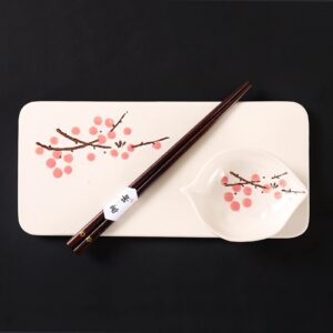 Relaxing Garden Japanese sushi plate set, 10-inch rectangle ceramic sushi dishes, sushi set with 2 japanese dishes and 2 dipping dishes and 2 pairs of chopsticks, sushi serving set for 2