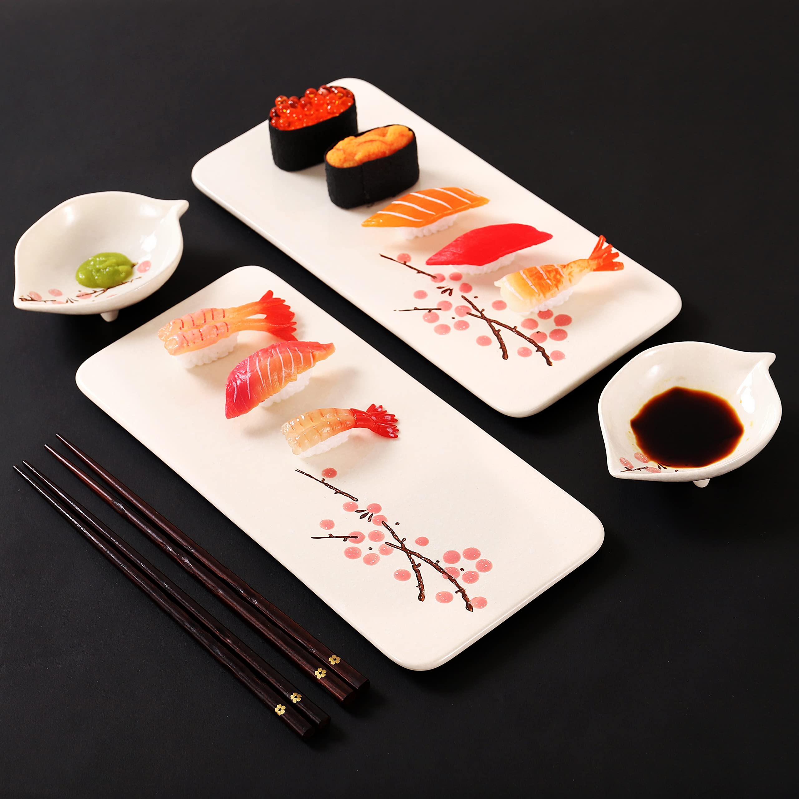 Relaxing Garden Japanese sushi plate set, 10-inch rectangle ceramic sushi dishes, sushi set with 2 japanese dishes and 2 dipping dishes and 2 pairs of chopsticks, sushi serving set for 2