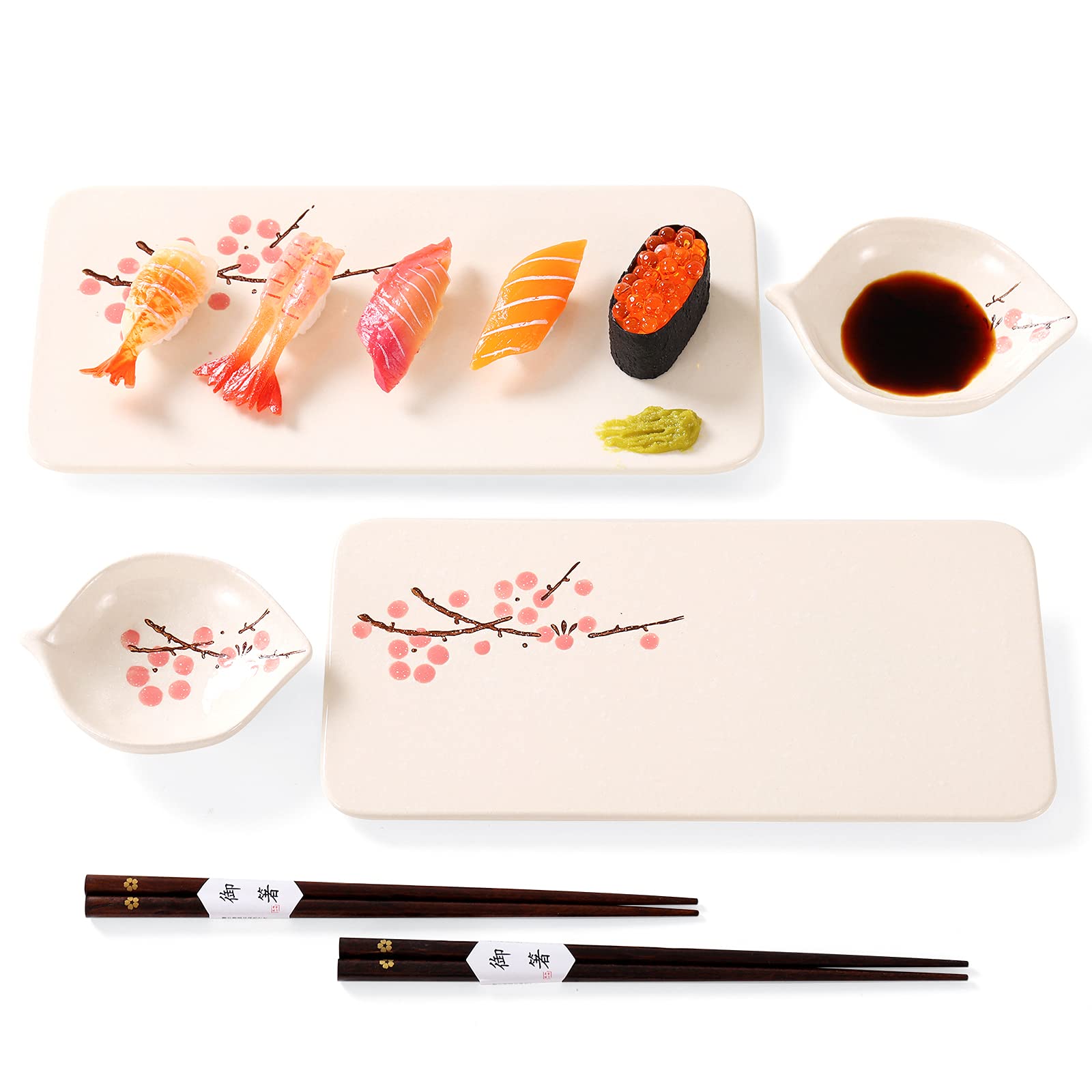 Relaxing Garden Japanese sushi plate set, 10-inch rectangle ceramic sushi dishes, sushi set with 2 japanese dishes and 2 dipping dishes and 2 pairs of chopsticks, sushi serving set for 2