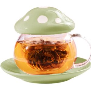 Mozacona Glass Mushroom Shape Teacup Saucer Set Coffee Mug with Filter Cup