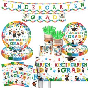 happy kindergarten graduation tableware decoration- 142pcs kindergarten tableware set include plates, napkins banner service for 20 guests congrats grad party supplies (tableware)