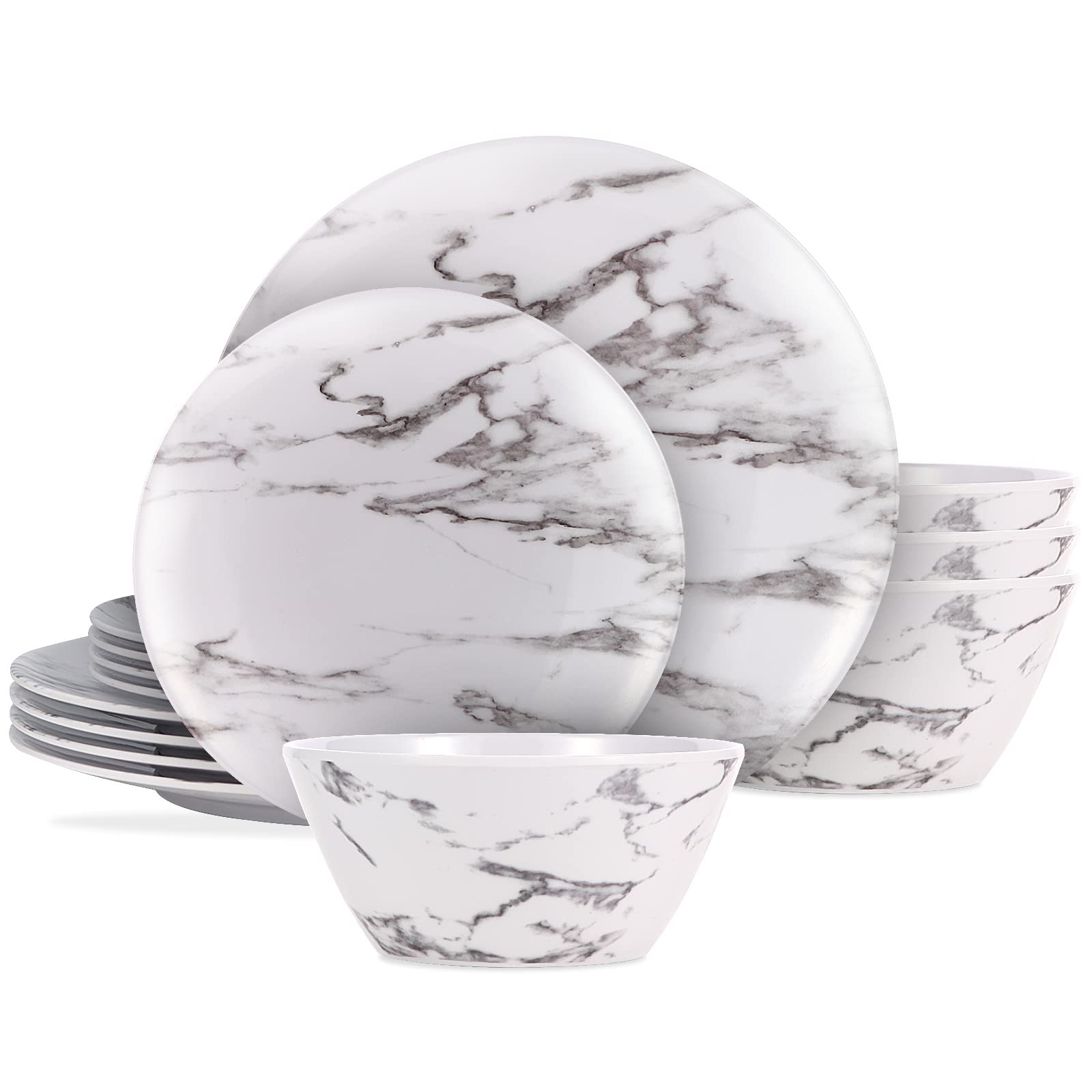 CUAEIBEY 12-Piece Melamine Dinnerware Set, White Marble, BPA-Free, Dishwasher Safe, Service for 4, Indoor/Outdoor Use