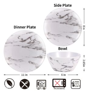 CUAEIBEY 12-Piece Melamine Dinnerware Set, White Marble, BPA-Free, Dishwasher Safe, Service for 4, Indoor/Outdoor Use