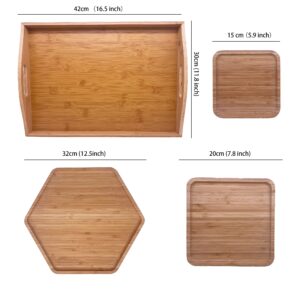 PAFREWOG Bamboo Serving Trays Cutting Boards 16.5"x11.8"（42x30cm) with Handle, Set Includes 0.63"(1.6cm) Thick Plates 1xHexagon 12.5"(32cm)+1xSquare 7.8"(20cm)+1xSquare 5.9"(15cm) for Family Dinner