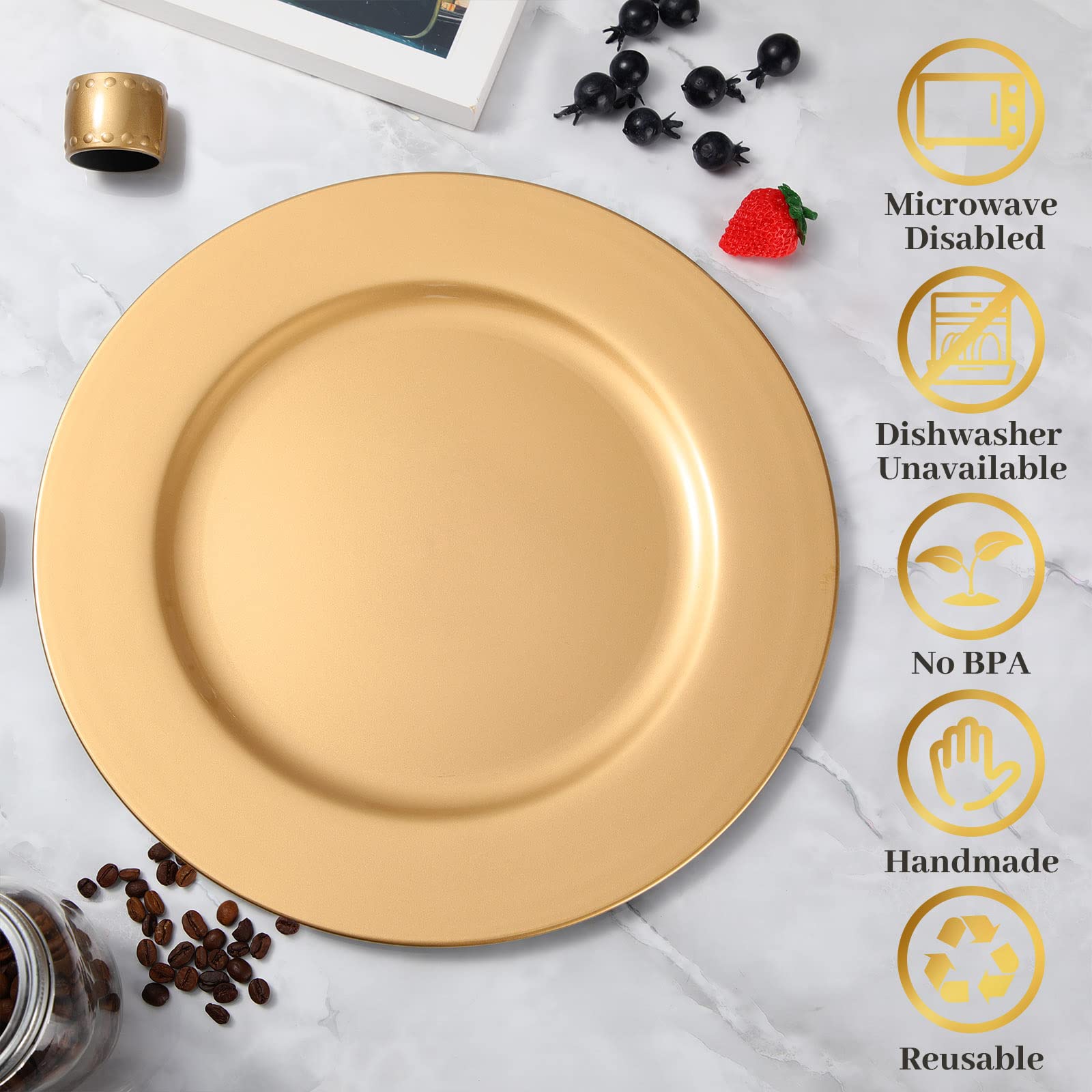 24 Sets Gold Charger Plates with Napkin Rings, 13" Round Plastic Dinner Plate Reusable Charger and Service Plate for Dinner, Wedding, Party, Event, Decoration