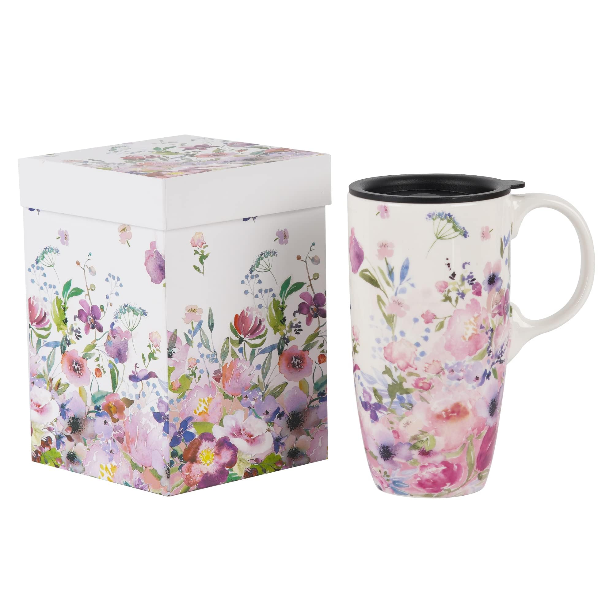 Topadorn Ceramic Coffee Mug Gift for Home & Office, 17oz. Porcelain Latte Travel Cup with Lid and Color Box, Pink Flower Art Tea Mug with Handle, 6.5" H