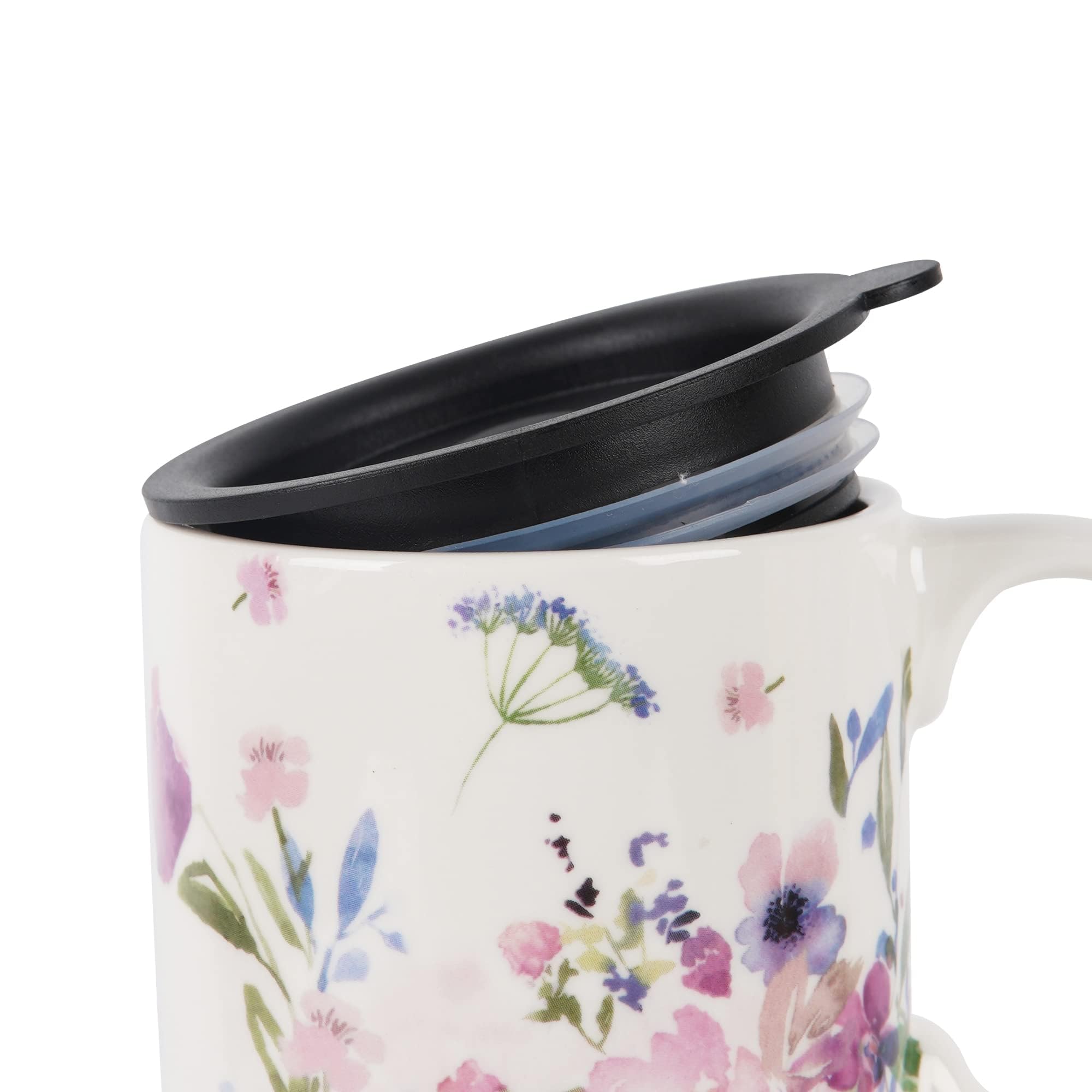 Topadorn Ceramic Coffee Mug Gift for Home & Office, 17oz. Porcelain Latte Travel Cup with Lid and Color Box, Pink Flower Art Tea Mug with Handle, 6.5" H