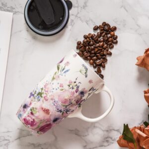 Topadorn Ceramic Coffee Mug Gift for Home & Office, 17oz. Porcelain Latte Travel Cup with Lid and Color Box, Pink Flower Art Tea Mug with Handle, 6.5" H