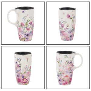 Topadorn Ceramic Coffee Mug Gift for Home & Office, 17oz. Porcelain Latte Travel Cup with Lid and Color Box, Pink Flower Art Tea Mug with Handle, 6.5" H