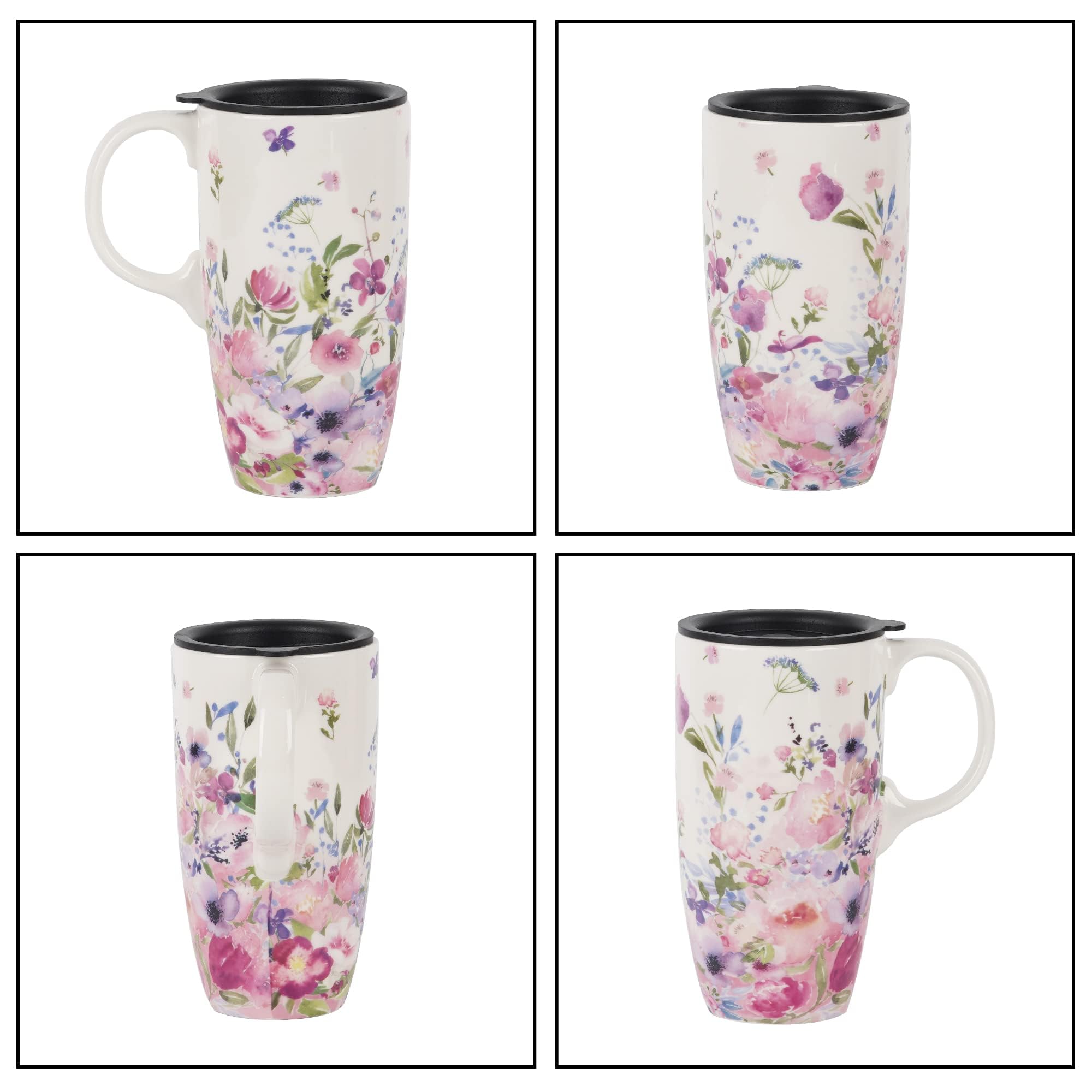 Topadorn Ceramic Coffee Mug Gift for Home & Office, 17oz. Porcelain Latte Travel Cup with Lid and Color Box, Pink Flower Art Tea Mug with Handle, 6.5" H