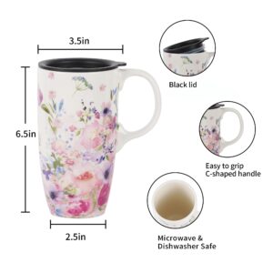 Topadorn Ceramic Coffee Mug Gift for Home & Office, 17oz. Porcelain Latte Travel Cup with Lid and Color Box, Pink Flower Art Tea Mug with Handle, 6.5" H