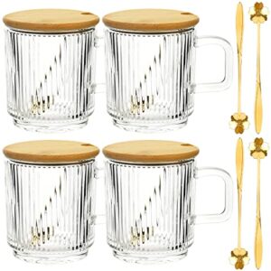 4 pcs glass coffee mugs with lids and spoons 12.5 oz classical vertical stripes tea cups unleaded clear drinking glasses with handle for americano latte cappuccino tea water juice milk beverage