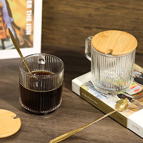 4 Pcs Glass Coffee Mugs with Lids and Spoons 12.5 Oz Classical Vertical Stripes Tea Cups Unleaded Clear Drinking Glasses with Handle for Americano Latte Cappuccino Tea Water Juice Milk Beverage