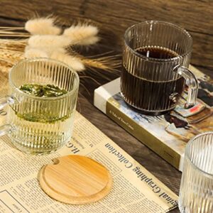 4 Pcs Glass Coffee Mugs with Lids and Spoons 12.5 Oz Classical Vertical Stripes Tea Cups Unleaded Clear Drinking Glasses with Handle for Americano Latte Cappuccino Tea Water Juice Milk Beverage