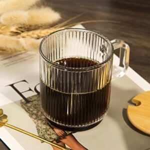 4 Pcs Glass Coffee Mugs with Lids and Spoons 12.5 Oz Classical Vertical Stripes Tea Cups Unleaded Clear Drinking Glasses with Handle for Americano Latte Cappuccino Tea Water Juice Milk Beverage