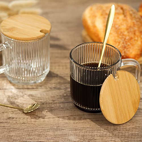 4 Pcs Glass Coffee Mugs with Lids and Spoons 12.5 Oz Classical Vertical Stripes Tea Cups Unleaded Clear Drinking Glasses with Handle for Americano Latte Cappuccino Tea Water Juice Milk Beverage