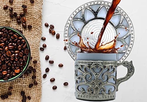 Küchengeräte Turkish Greek Arabic Moroccan Coffee Cup - Set of 2 - Espresso Cup with Inner Porcelain Metal Holder Plate and Lid - 2 Cups Consists of 8 Pcs - Best Gift Idea