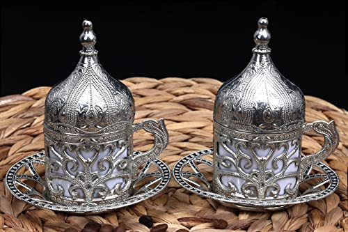 Küchengeräte Turkish Greek Arabic Moroccan Coffee Cup - Set of 2 - Espresso Cup with Inner Porcelain Metal Holder Plate and Lid - 2 Cups Consists of 8 Pcs - Best Gift Idea