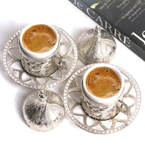 Küchengeräte Turkish Greek Arabic Moroccan Coffee Cup - Set of 2 - Espresso Cup with Inner Porcelain Metal Holder Plate and Lid - 2 Cups Consists of 8 Pcs - Best Gift Idea