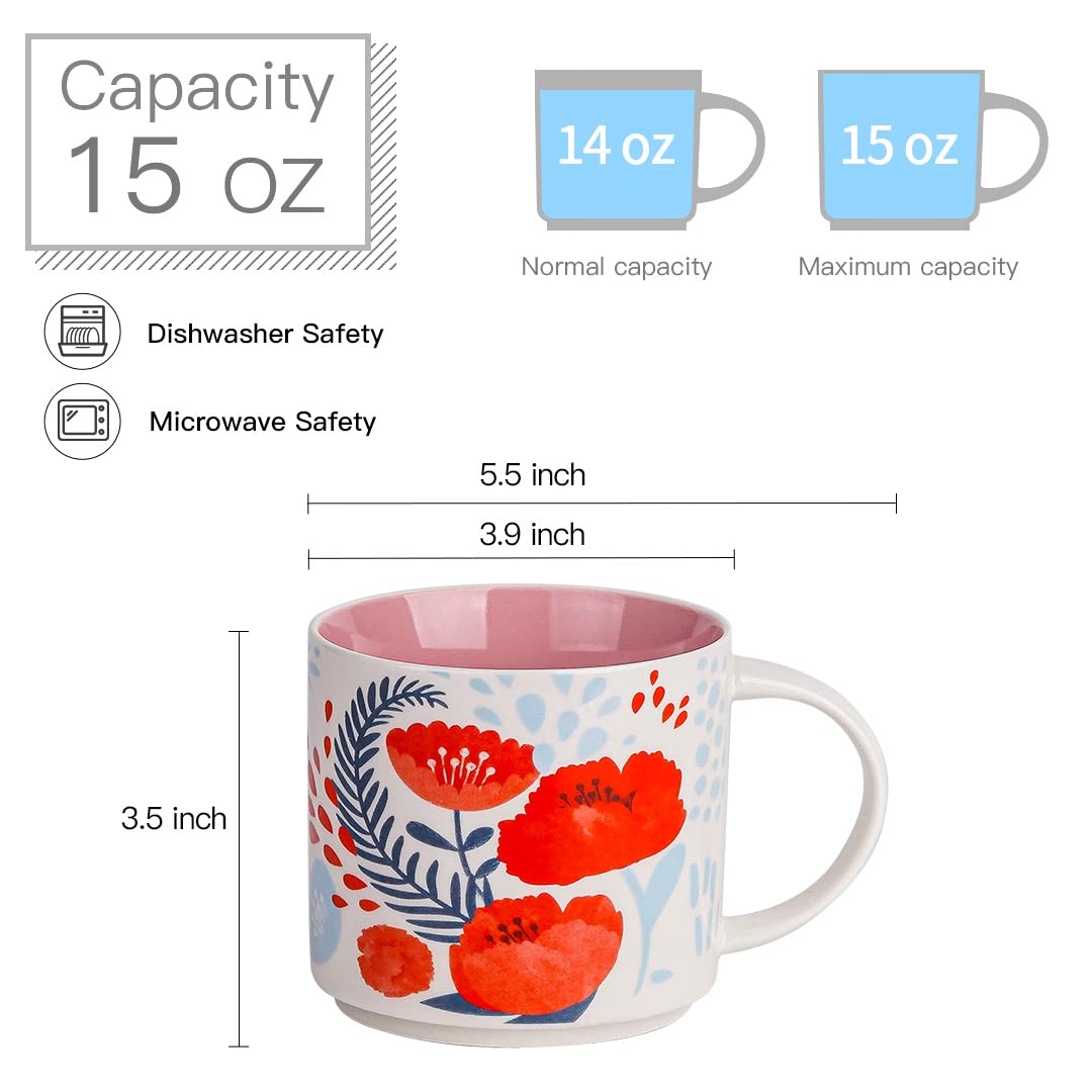 CHILDIKE Ceramic Red Poppy Mug, Porcelain Floral Mug, Flowers Funny Coffee Mug, Large Colorful Art Hand Painted Breakfast Cup for Tea, Hot Cocoa, Oat, Gift, 15 Ounce