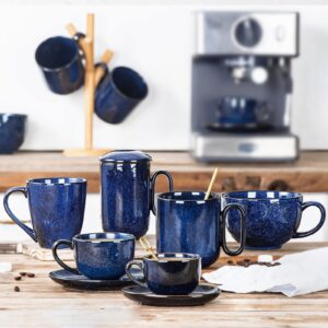 vicrays Ceramic Coffee Mug Set - 18 Ounce Large Stoneware Mug for Men Women - Unique Glazed Porcelain Mugs with Handle for Coffee Latte Tea Milk Cocoa - Set of 4 (Blue)