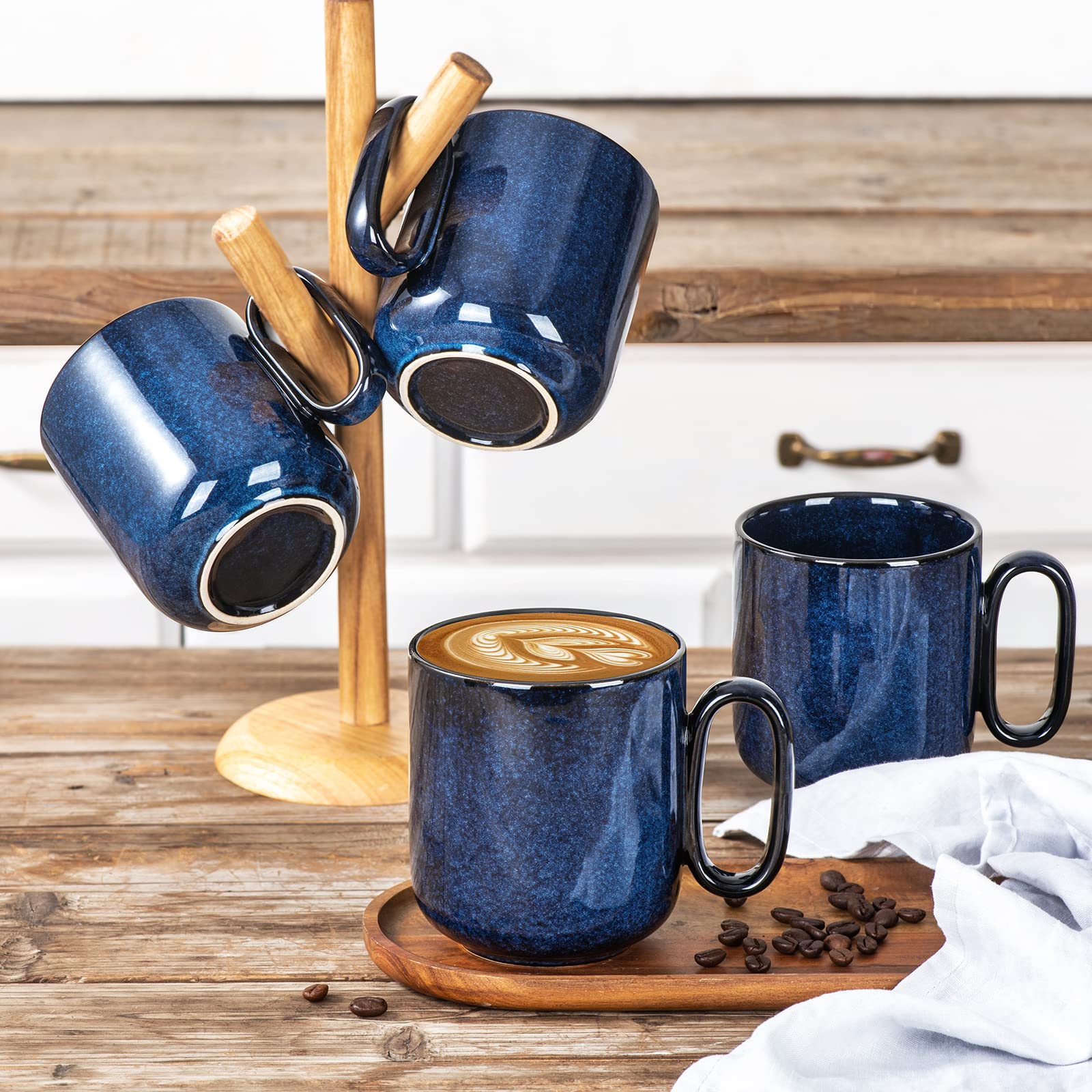 vicrays Ceramic Coffee Mug Set - 18 Ounce Large Stoneware Mug for Men Women - Unique Glazed Porcelain Mugs with Handle for Coffee Latte Tea Milk Cocoa - Set of 4 (Blue)