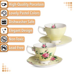 BTaT- Floral Tea Cups and Saucers, Set of 2, 8oz, with Gold Trim and Gift Box, Coffee Cups, Floral Tea Cup Set, British Tea Cups, Porcelain Tea Set, Tea Sets for Women