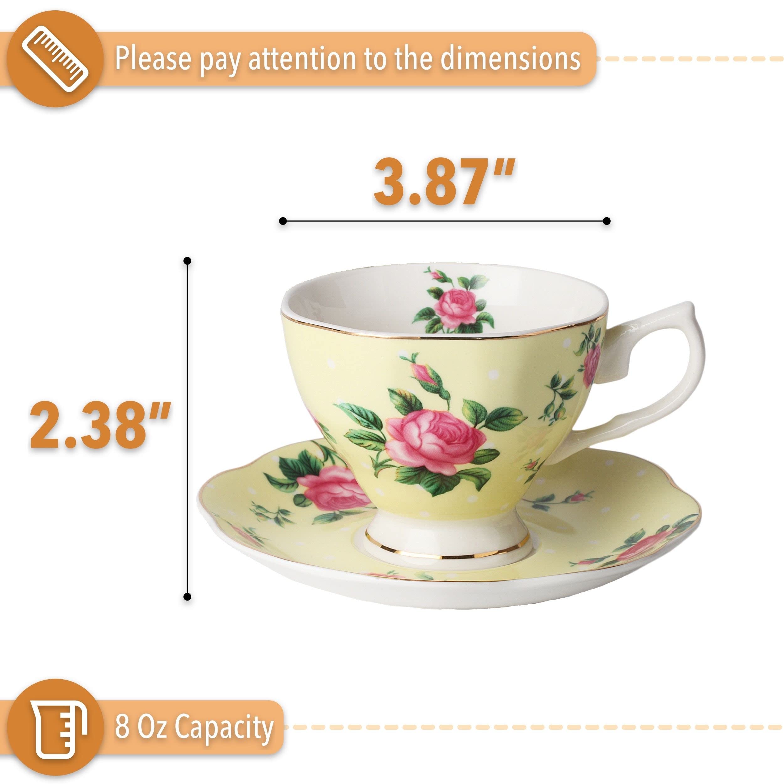 BTaT- Floral Tea Cups and Saucers, Set of 2, 8oz, with Gold Trim and Gift Box, Coffee Cups, Floral Tea Cup Set, British Tea Cups, Porcelain Tea Set, Tea Sets for Women