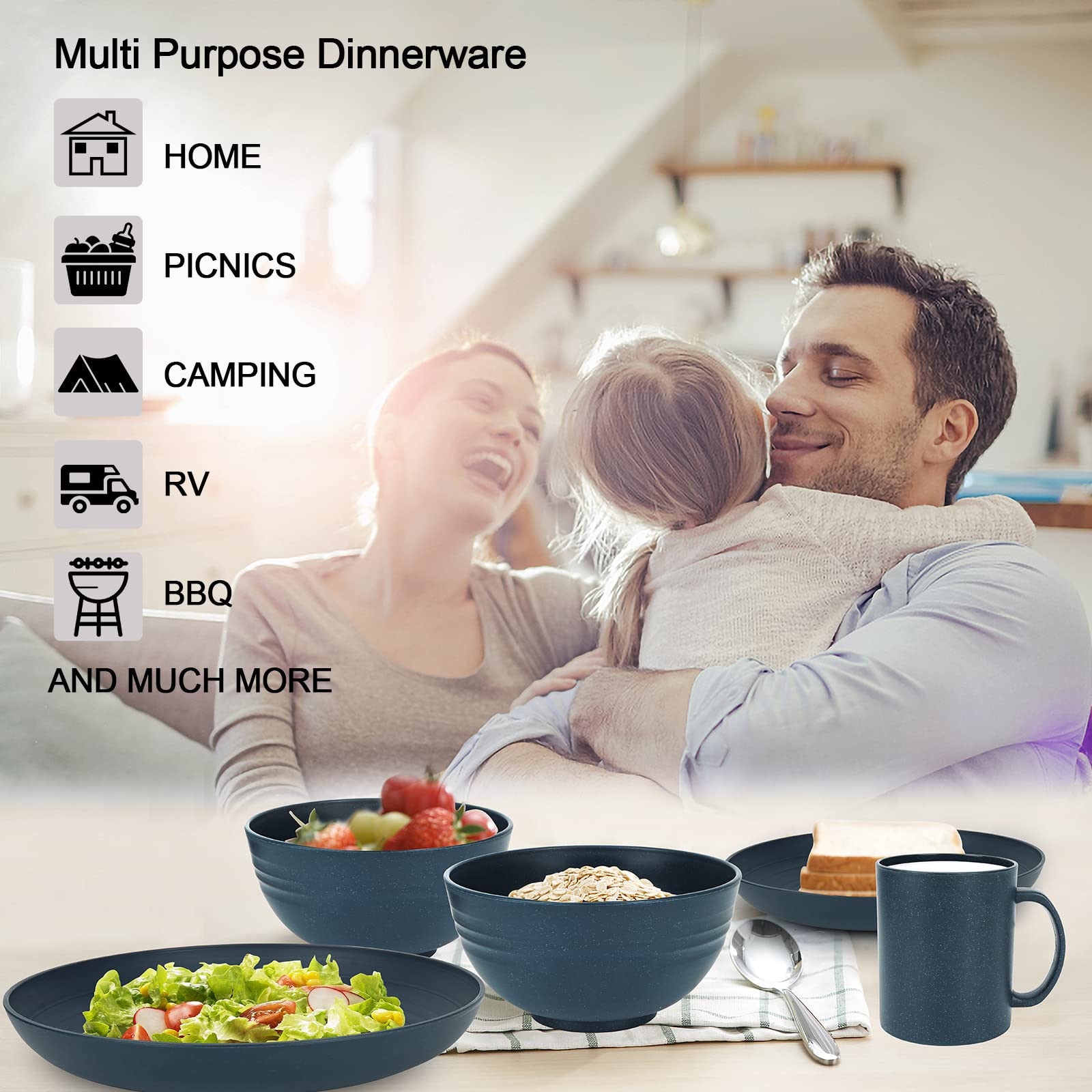 Kitdoyo Wheat Straw Dinnerware Sets - Camping Dishes Set for 4 - Unbreakable Kids Plastic Dinnerware Set - Plastic Plates and Bowls Set - Cereal Bowl - College Dorm Room Essentials