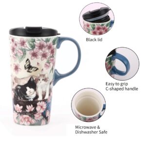 TZSSP Coffee Ceramic Mug Travel Mug Porcelain Latte Tea Cup With Lid 17oz. Flower and Cat