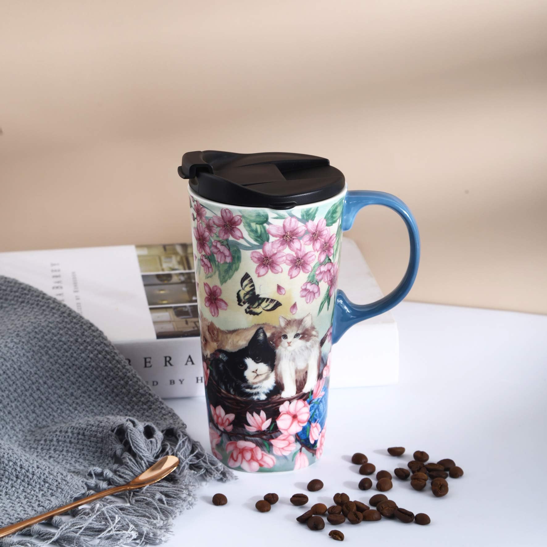 TZSSP Coffee Ceramic Mug Travel Mug Porcelain Latte Tea Cup With Lid 17oz. Flower and Cat