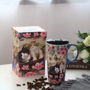 TZSSP Coffee Ceramic Mug Travel Mug Porcelain Latte Tea Cup With Lid 17oz. Flower and Cat