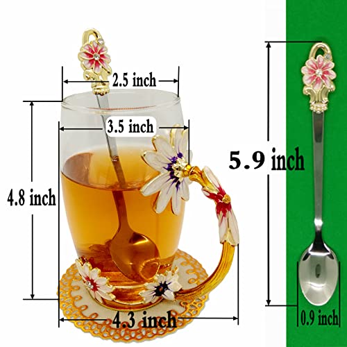 Glass Tea-Cup with Spoon, 12oz Leed-Free Enamel Coffee Mug is for Water Milk Juicer Beer; Tea-Health Cup Gift Women Her Men Birthday Teacher Girl-Friend in Lover Box Tiny Card, 3.5 x 2.5 x 4.8inches